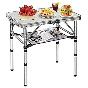 FURFIMU Small Folding Table,3 Adjustable Height Foldable Table,2Ft Portable Camping Table,Outdoor Folding Table with Net Mesh，Folding Beach Table,White Metal Folding Table for Patio BBQ