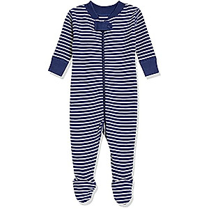 Moon and Back by Hanna Andersson Unisex Babies' one-Piece Organic Cotton Long-Sleeve Footed Pajamas, Navy Stripe, 12-18 Months