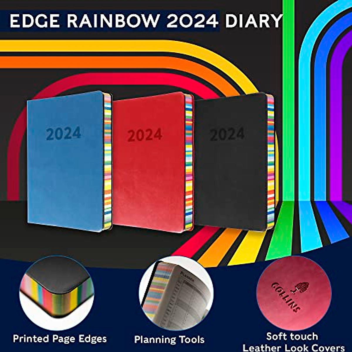 Collins Edge Rainbow 2024 Diary A5 Week to View Planner - Lifestyle Planner and Organiser for Office, Work, Personal and Home - January to December 2024 Diary - Weekly - Charcoal - ED153.U96-24