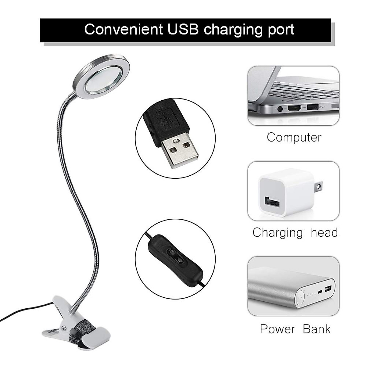 2.5X Magnifying Lamp, ATOMUS LED USB Rechargeable Tattoo Beauty Magnifier Lamp with Metal Clip for Eyebrow Tattoo Manicure Eyelash Extension Read