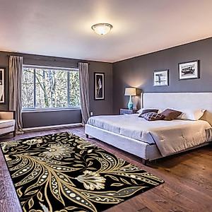 Luxury Abstract Leaves Floral Area Rugs, Black Background Brown Plants Living Room Rug, Soft Cozy Breathable Washable Entryway Rug for Dining Room Bedroom Bedside Indoor Runner, 2x3ft