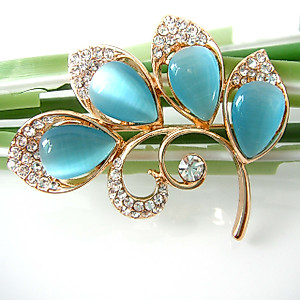Navachi 18k Gold Plated Blue Opal Crystal Branches Leaves Az7856b Brooch Pin