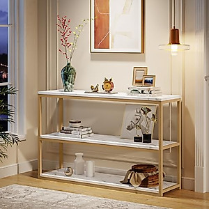LITTLE TREE Modern Gold White Entryway Hallway Accent Console Table TV Stand with Faux Marble Veneer