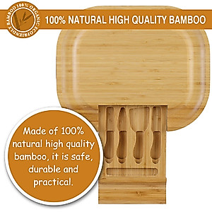 MH Zone Bamboo Cheese Board Set Charcuterie Board Cheese Plate Cheese Tray with Integrated Drawer, 4 Stainless Steel Knife and 4 Fork, for Family, Friend or Lover