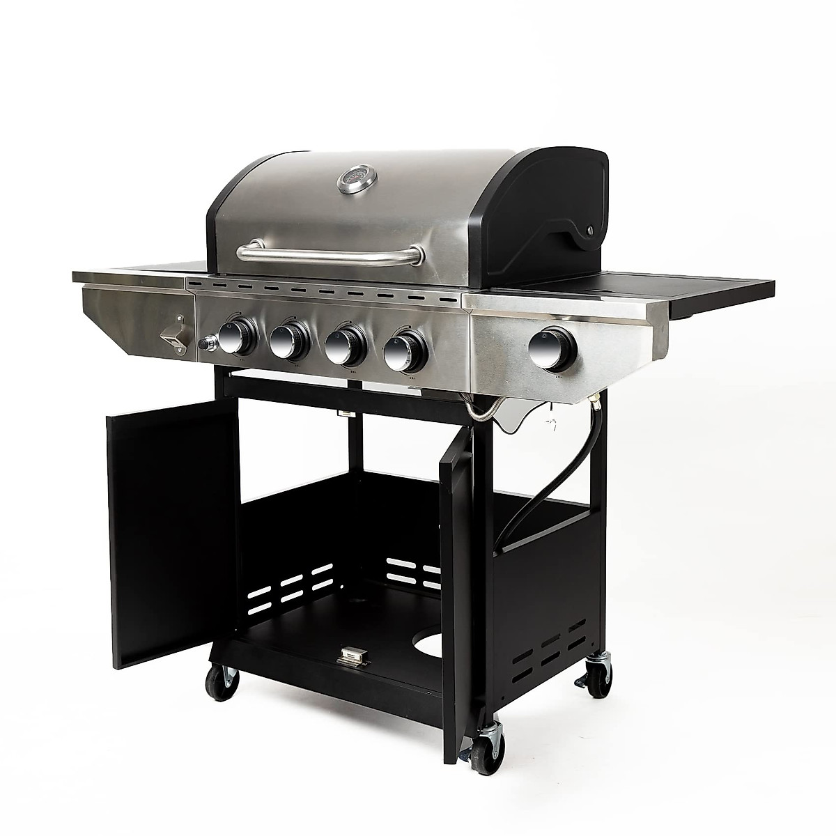 HESIEU Propane Grill 4 Burner Grill Stainless Steel Gas Grill with Side Burner and Thermometer One Touch Electronic Ignition System with Four Wheels for Outdoor BBQ, Camping
