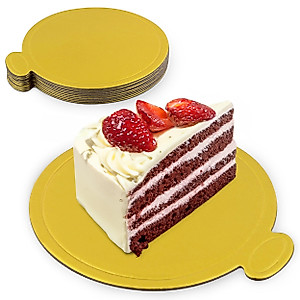 Spec101 Mini Round Cake Boards Bulk 100pk - 3.5 Inch Cake Drum Round Gold Cardboard Base Plates for Individual Serving