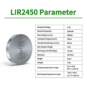EEMB 5PCS LIR2450 Rechargeable Battery 3.7V Lithium-ion Coin Button Cell Batteries 120mAh