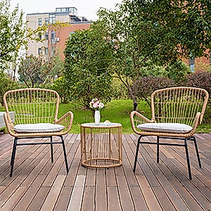 LifeSky Wicker Table Chairs Set - 3 Piece Outdoor Chairs Set - Patio Table Sets with Glass Top Table for Courtyard Garden Brown
