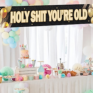 Holy Shit You’re Old Large Banner, Funny Birthday Banner, Happy Birthday Lawn Sign Porch Sign for 30th 40th 50h 60th 70th 80th 90th Birthday Party, Indoor Outdoor Backdrop 8.9 x 1.6 Feet
