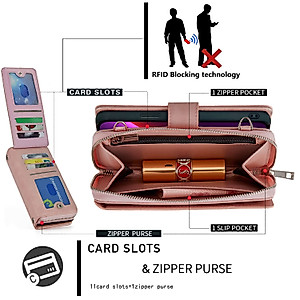 MODOS LOGICOS Crossbody Bag for iPhone 13 6.1" [Shoulder Wrist Straps] [Zipper Storage] [11 RFID Card Slots 3 ID Window] PU Leather Purse with Removable Inner Magnetic TPU Case - Rose Gold