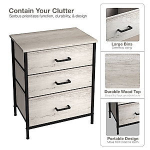 Sorbus Nightstand Dresser with 3 Faux Wood Drawers - Bedside Table Chest with Storage, Steel Frame, Wood Top, Easy Pull Fabric Bins for Bedroom, Living Room, Closet & Dorm Furniture Lamp Stand