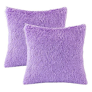 MIULEE Pack of 2 Luxury Faux Fur Throw Pillow Cover Deluxe Decorative Plush Pillow Case Cushion Cover Shell for Sofa Bedroom Car 18 x 18 Inch Light Purple