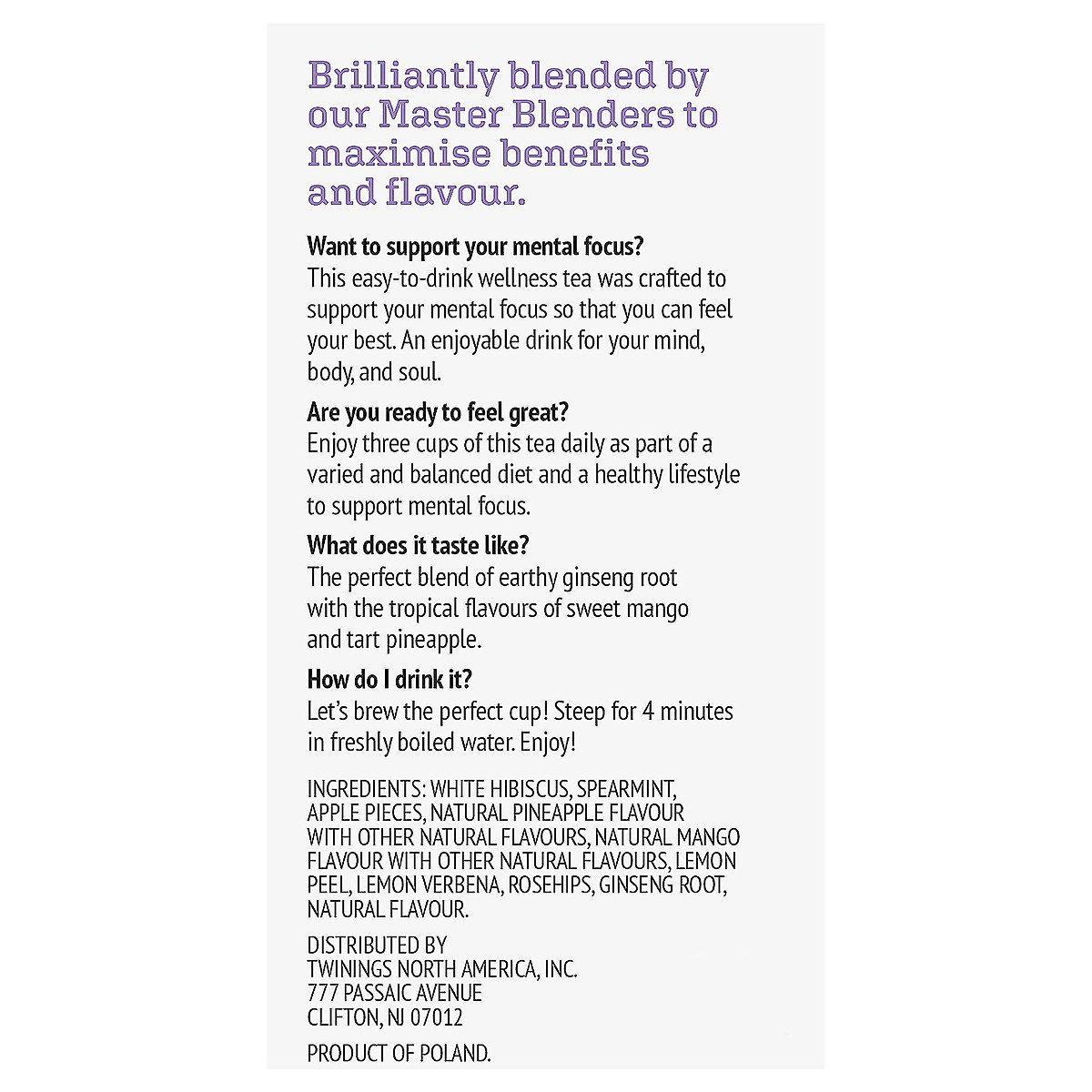 Twinings Focus Tea - Mango & Pineapple Flavoured Hibiscus Tea with Revitalizing Ginseng Root, Naturally Caffeine-Free Herbal Tea Bags Individually Wrapped, 18 Count