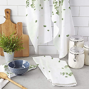 Spring Eucalyptus Kitchen Towel Absorbent Dish Towels Watercolor Boho Leaves Botanical 1 Pack Reusable Hand Towel Washing Cloths, Quick Drying Hanging Terry for Home Cleaning Gold Lines Green Plant