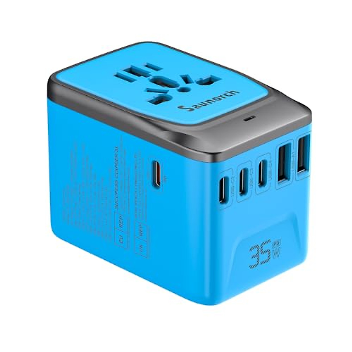 SAUNORCH Universal Travel Adapter, PD 35W 7 in 1 International Power Plug Adapter with 7.0A 4 USB-C and 2 USB-A Fast Wall Charger, Worldwide AC Outlet for US Europe UK AUS Asia - Blue