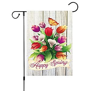 Louise Maelys Happy Spring Garden Flag 12x18 Double Sided, Burlap Small Vertical Floral Flower Garden Yard Flags for Seasonal Outside Outdoor House Decoration (ONLY FLAG)