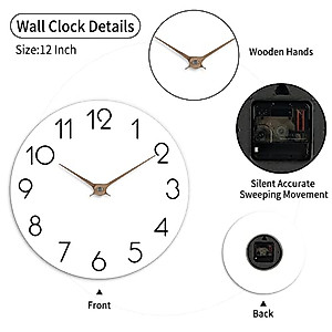 cicininc 12 Inch Wall Clock - Wooden Silent Wall Clocks Battery Operated Non Ticking, Modern Simple Clock for Bathroom, Office, Bedroom, Home, Kitchen, Living Room(12"-White)