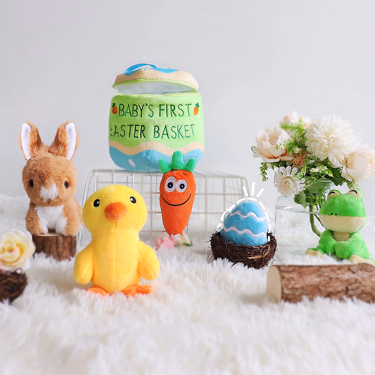 Bunny Chorus Baby's First Easter Basket Playset 6ct, Egg-shaped Basket with Embroidered 'Baby's First Easter', Stuffed Plush Bunny Chick Carrot Frog Egg for Kids Baby Girls Boys, Easter Stuffers Gifts