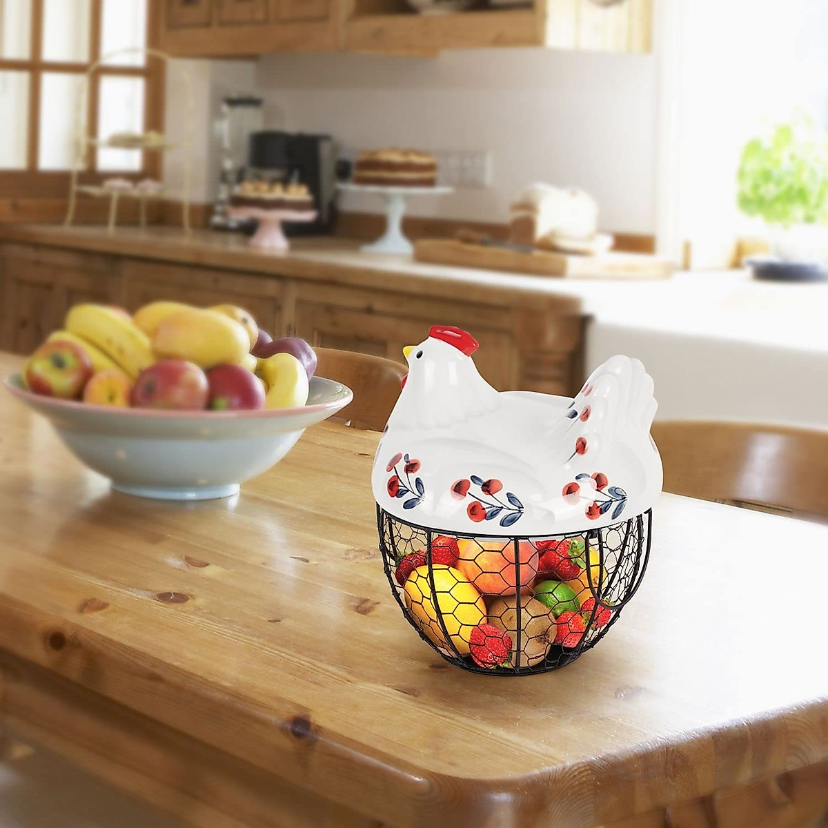 Flexzion Chicken Egg Basket - Wire Chicken Egg Basket with Ceramic Chicken Cover and Handles - Rustic Country Farmhouse Decor Countertop Egg Holder, Rustic Cherry