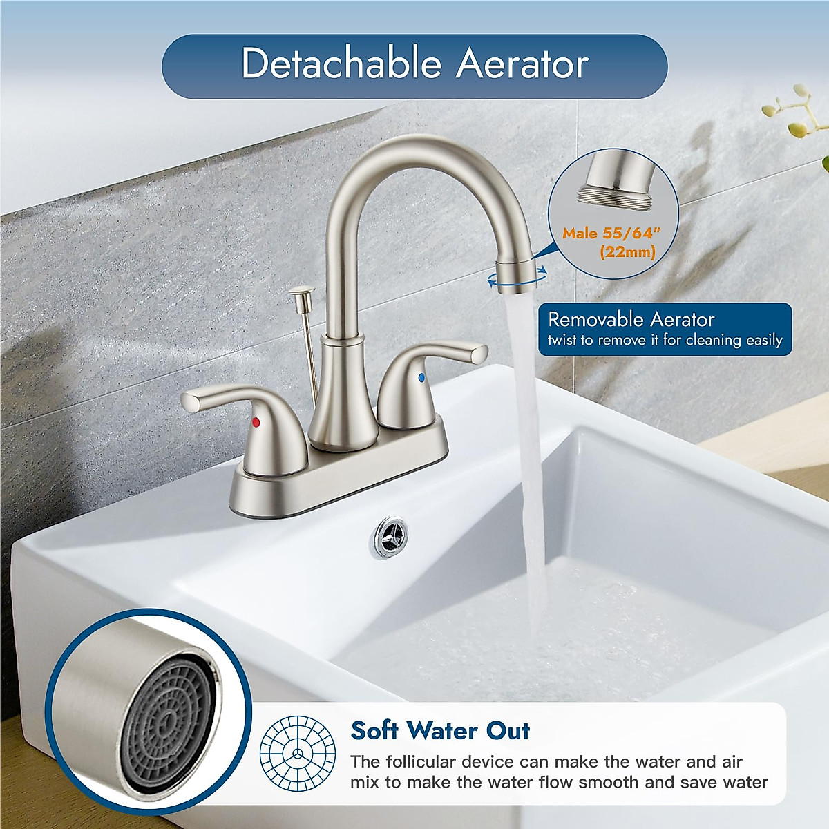 Cinwiny Bathroom Sink Faucet 4 Inch 2 Handle Bathroom Faucet 360° Swivel Spout Deck Mounted Vanity Faucet with Water Supply Hoses,Brushed Gold,with Pop up Drain