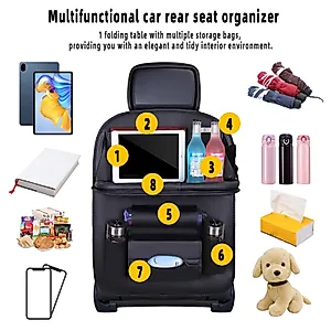 SHOFOYOC 2 Pack Car Backseat Organizer with Tablet Holder,Foldable PU Leather Car Back Seat Table Tray,Kick Mats BackSeat Storage Bag,9 Storage Pockets Seat Back Protectors for Toys Drinks Books Pens