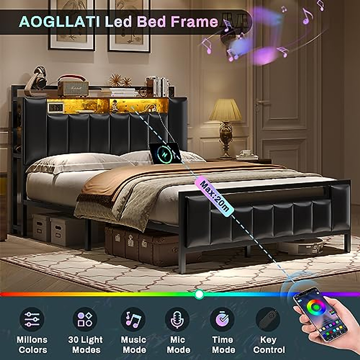 AOGLLATI Full Bed Frame with Hidden Storage Headboard,Metal Bed Frame Full Size with Charging Station and 2-Tier Storage Headboard, Full Bed with Led Lights and Metal Slats, No Box Spring Needed