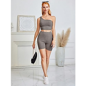 WDIRARA Women's 2 Piece Ribbed One Shoulder Crop Tank and Biker Shorts Summer Outfits Set Grey XL