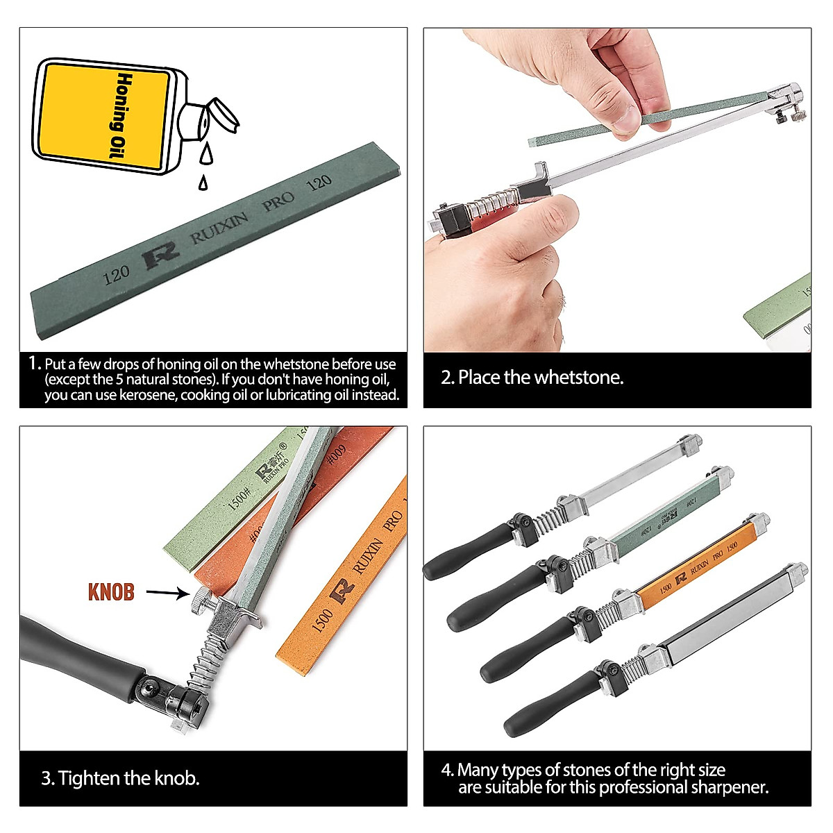 RUIXIN PRO RX-008 Professional Knife Sharpener with 9 Whetstones, 360° Rotation Flip Design Fixed-Angle Stainless Steel Kitchen Chef Knife Sharpening Kit Abrasive Holding System Tools