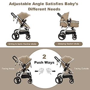 BABY JOY Baby Stroller, 2-in-1 Convertible Bassinet Reclining Stroller, Foldable Pram Carriage with 5-Point Harness, Including Cup Holder, Foot Cover, Diaper Bag, Aluminum Structure, Khaki