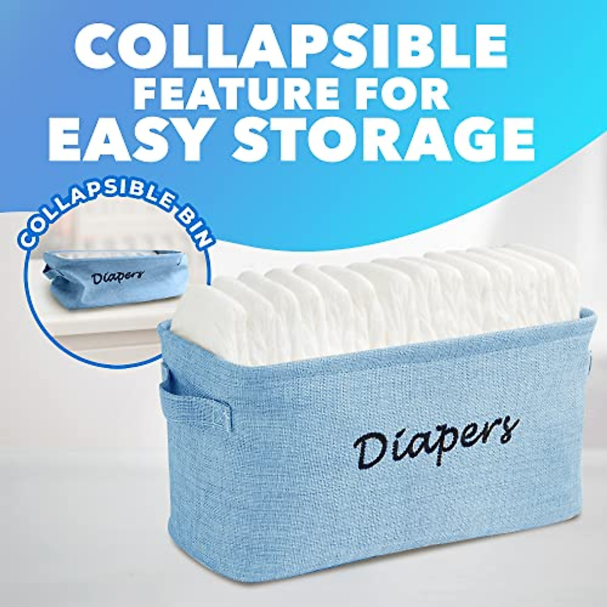 Dejaroo - Baskets for Organizing Diapers and Newborn Essentials, Baby Diaper Caddy Organizer, Embroidered Baby Shower Gifts for Moms, Linen Basket with Handle, 12 x 6 x 6 Inches, Blue