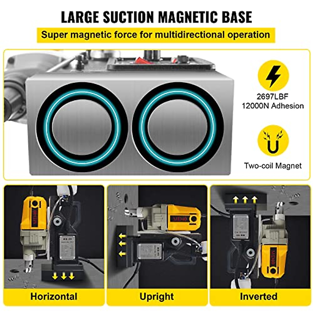 VEVOR Magnetic Drill, 1100W 1.57" Boring Diameter, 2697lbf/12000N Portable Electric Mag Drill Press with 7 Bits, 580 RPM Max Speed Drilling Machine for any Surface and Home Improvement