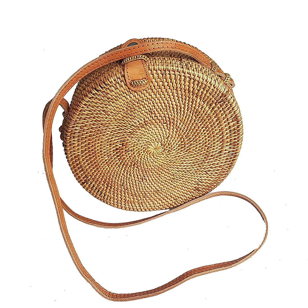 GQZ Handwoven Round Rattan Bag (Plain Weave Leather Closure), Straw Bag