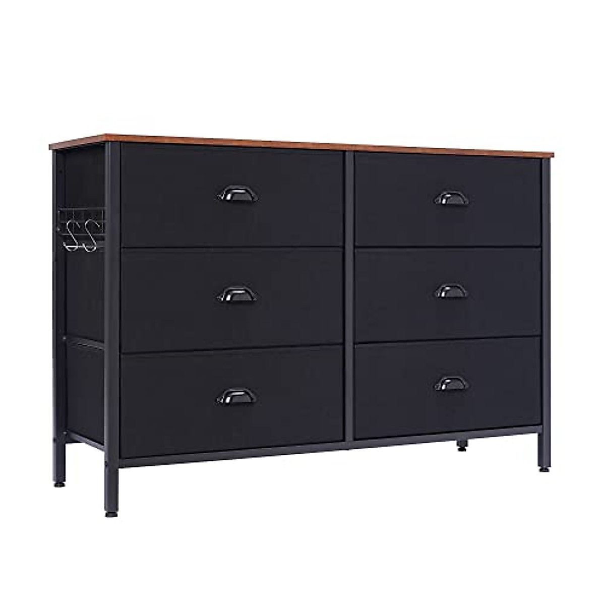 DOVAMY 6 Drawer Dresser for Bedroom, Fabric Dresser Organizer, Wide Dresser with Vintage Wooden Top, Steel Frame, Chest of Drawers, Closet, Nursery and Living Room, Black