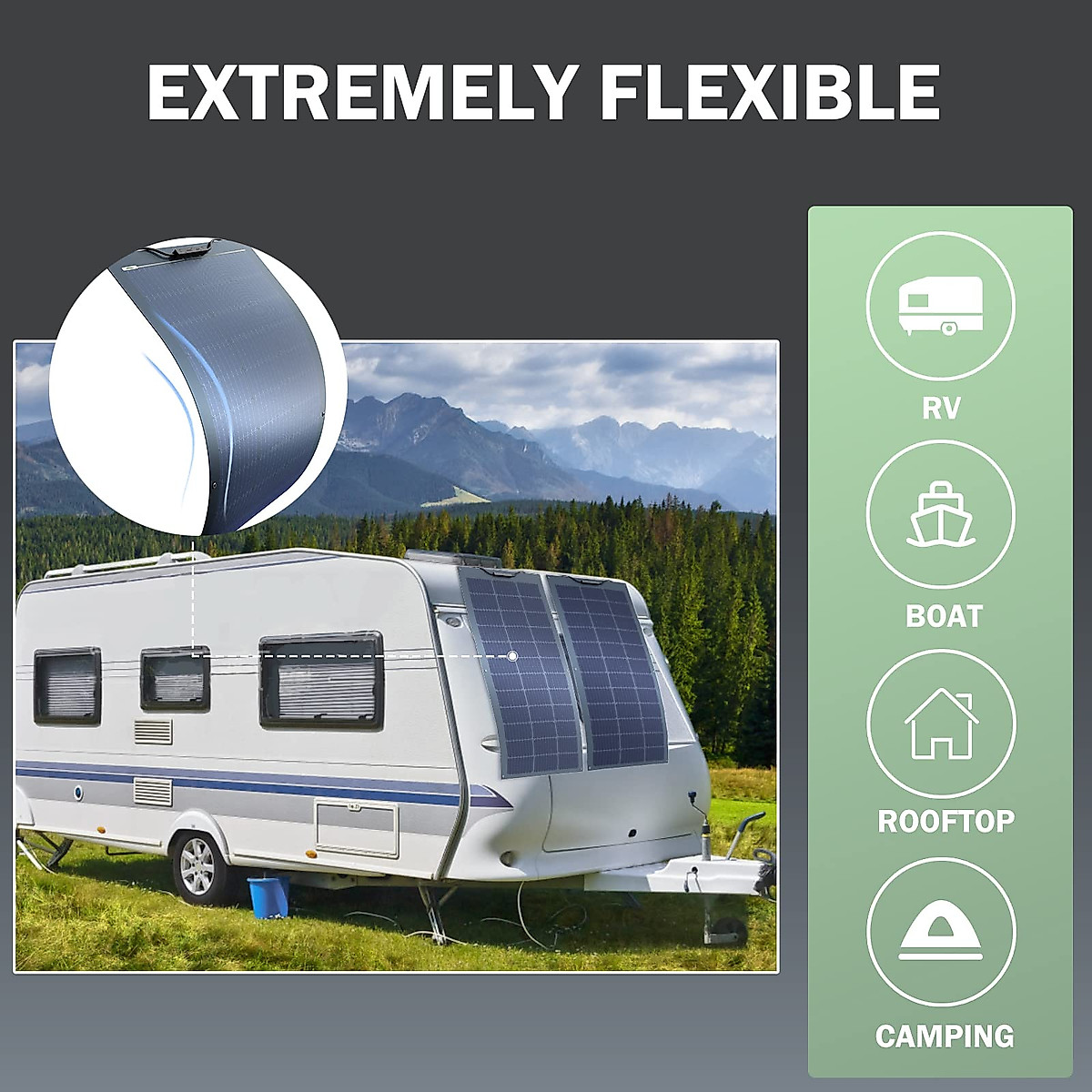 HQST 100W 12V Flexible Monocrystalline Solar Panel,9BB 100 Watts Mono Solar Panel,Polished PET Coating,23% High Efficiency Module PV Power,IP67 Waterproof for RV Camper Van Boat Yacht Cabin Shed