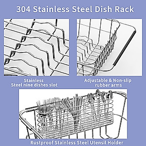 JAQ Dish Drainer in Sink Adjustable 14.96" to 20.59", Expandable 304 Stainless Steel Metal Dish Drying Rack Organizer with Stainless Steel Utensil Holder Over Inside Sink Counter