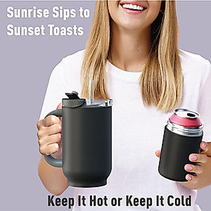ASOBU DUPLEX 2-in-1 Travel Mug and Beer Can Holder Enjoy hot and cold drinks simultaneously -22 oz Hot Coffee or Tea Tumbler with Attached 12 oz Cold Can Holder for Beer or Soda, Black