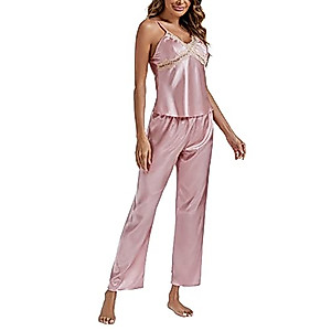 LYANER Women's Satin Silk Pajamas Set V Neck lace Trim Cami Top and Pants Sleepwear Pjs Set Pink Medium