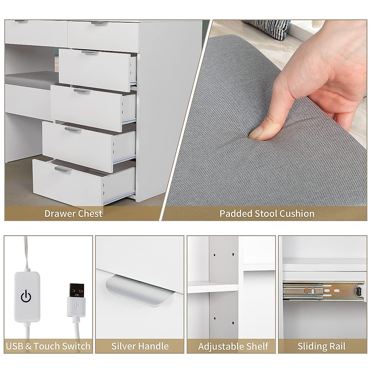 Karl home Vanity Desk with Sliding Mirror, 6-Drawer Makeup Vanity, Bedroom Makeup Desk, Vanity Table with Adjustable Brightness & 3 Colour Light Modes,White