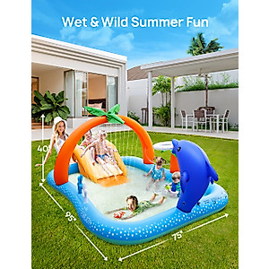 Kiddie Pool,Evajoy Inflatable Play Center Kiddie Pool with Slide, Wading Lounge Kids Pool, Coconut Palm Sprinkler, Ball Toss Game for Toddler, Kid Children, Garden Backyard Water Park, 95''x75''x40''