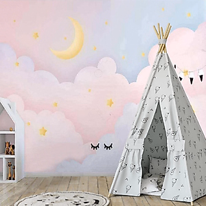 Cartoon Moon Clouds Stars 3D Wallpaper Mural, Cute Pink Clouds Photo Mural Wallpaper, Wall Murals Space for Kids Room Living Bedroom Sofa TV Background Decor - 144"x 100"(W x H)