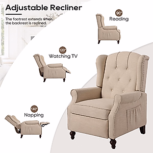 Consofa Wingback Recliner Chair with Massage and Heat Tufted Fabric Push Back Arm Chair for Living Room Vintage Recliner Chair with Remote Control, Padded Cushion, Backrest, Wooden Legs