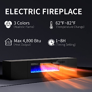 AMERLIFE Wall Unit Entertainment Center with 36" Electric Fireplace, Includes 68" Floating Fireplace TV Stand, 2 x Wall Cabinets, Modern LED Light Media Console Table for Living Room, Black/White