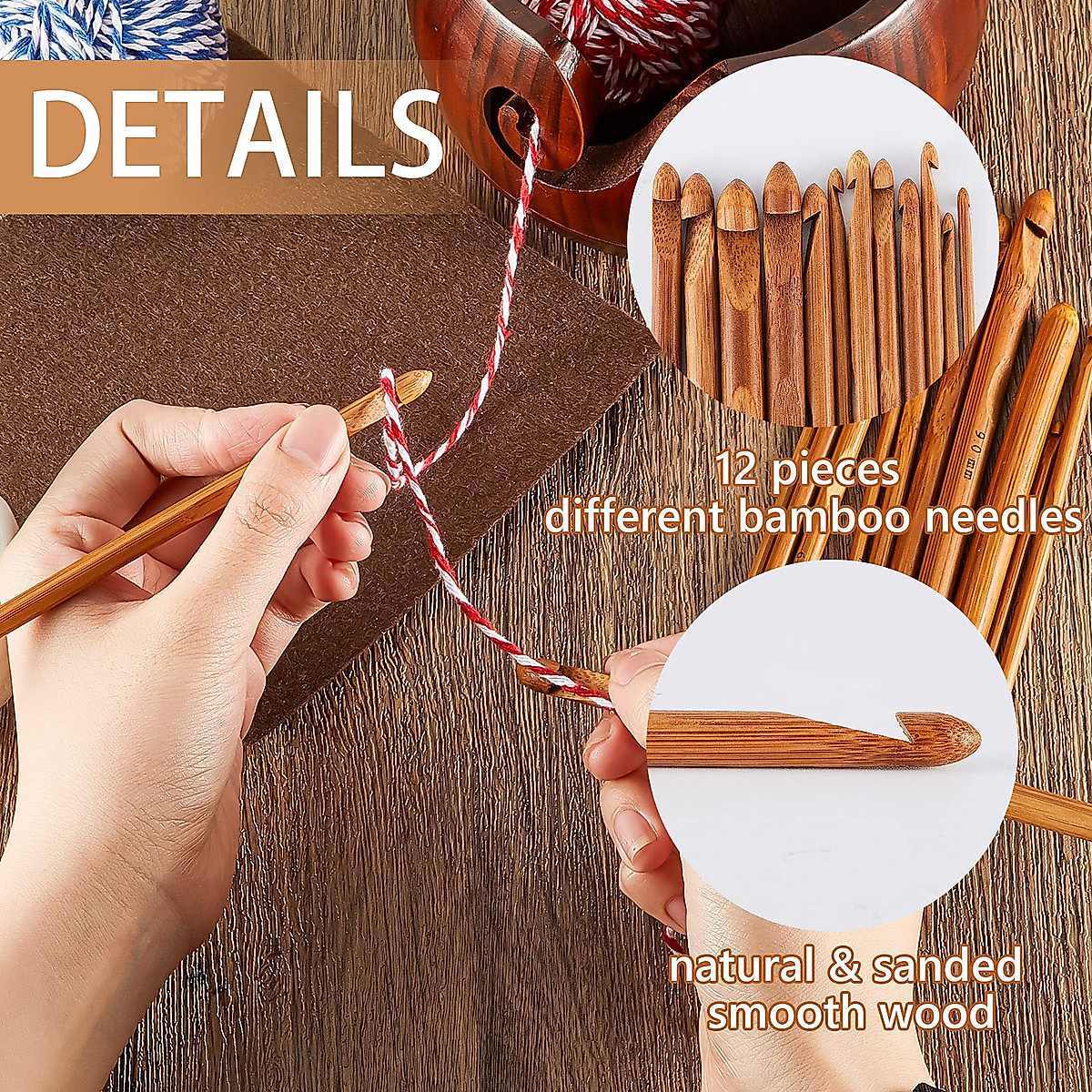 Wooden 6 x 6 x 3 Inch Yarn Bowl Crocheting Bowl Round Knitting Wool Storage Yarn Bowl Handmade with Holes 12 Pieces Crochet Hooks for Crocheting Knitting DIY Crafts Tools (Natural Color)