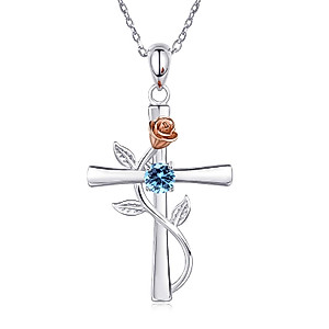 BlingGem Cross Necklaces for Women 925 Sterling Silver March Birthstone Pendant Necklaces for Women 5A Cubic Zirconia Anniversary Jewelry Birthday Mothers Gift for Women Mom Wife