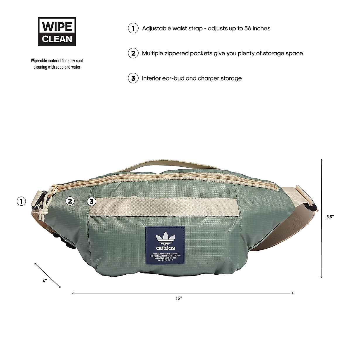 adidas Originals Sport Hip Pack/Small Travel Bag, Silver Green/Sand Strata Beige, One Size