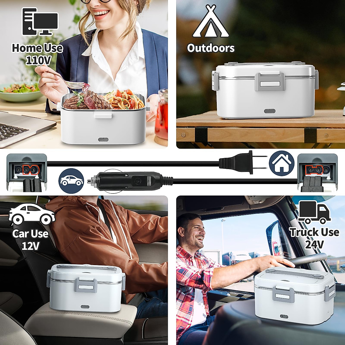 IFENROL Electric Heated Lunch Box - 100W 3-IN-1 Fast Heating Lunch Boxes Portable for Adults with 2 Pack Containers (Single & Compartment) for Car Truck Office 12V/24V/110V (3 Times Faster)