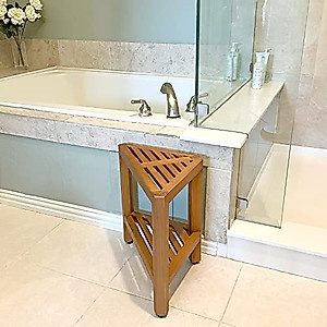 Asta Bora Solid Teak Indoor Outdoor Shower/Bath/Spa Corner Stool with Shelf, Fully Assembled, SpaTeak Collection, TB-009