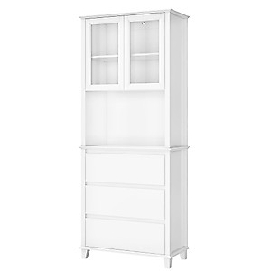 FACBOTALL 76'' Kitchen Pantry Storage Cabinet, Kitchen Buffet with Hutch, Tall Hutch Cabinet with Glass Doors, Coffee Countertop and 3 Large Drawers for Dining Living Room, White