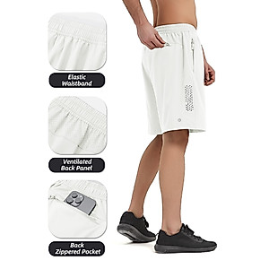 HIFEOS Mens Athletic Shorts -Running, Tennis Gym Workout Shorts for Men 5"/7"/9"- Comfort, Lightweight, 3 Zippered Pockets White