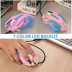Greshare Gaming Mouse,7 Colors Backlit Optical Game Mice Ergonomic USB Wired with 2400 DPI and 6 Buttons 4 Shooting for Computer/Win/Mac/Linux/Andriod/iOS. (Pink & Blue)